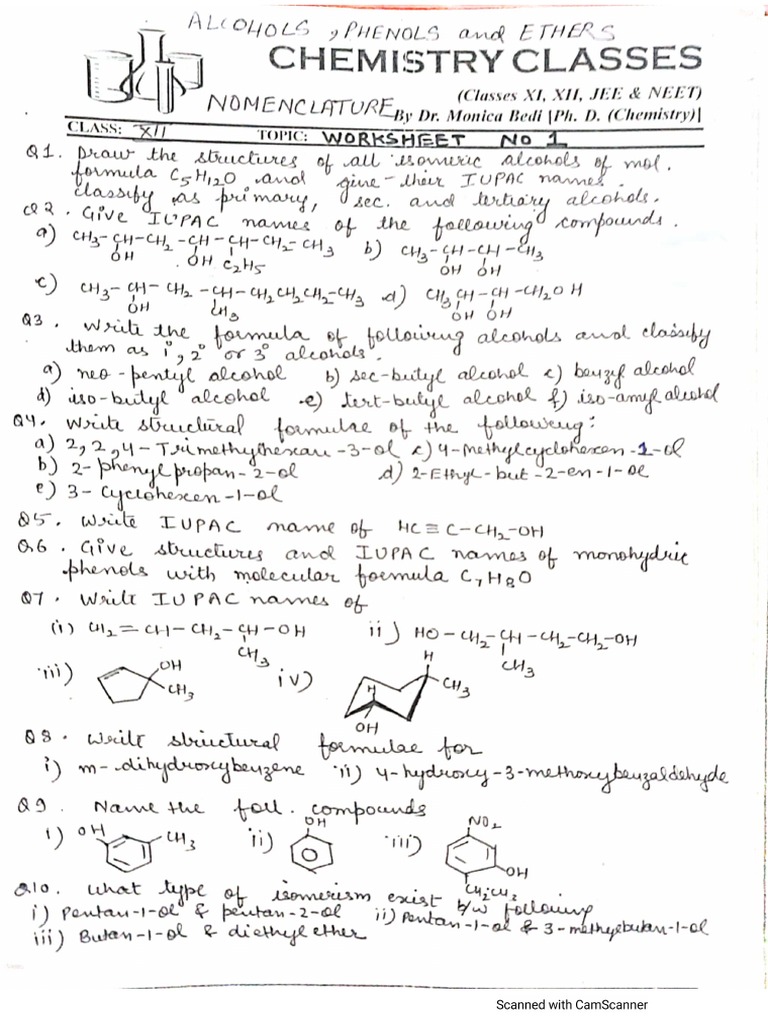 Worksheets 1 To 6 Alcohol Phenol Ethers | PDF