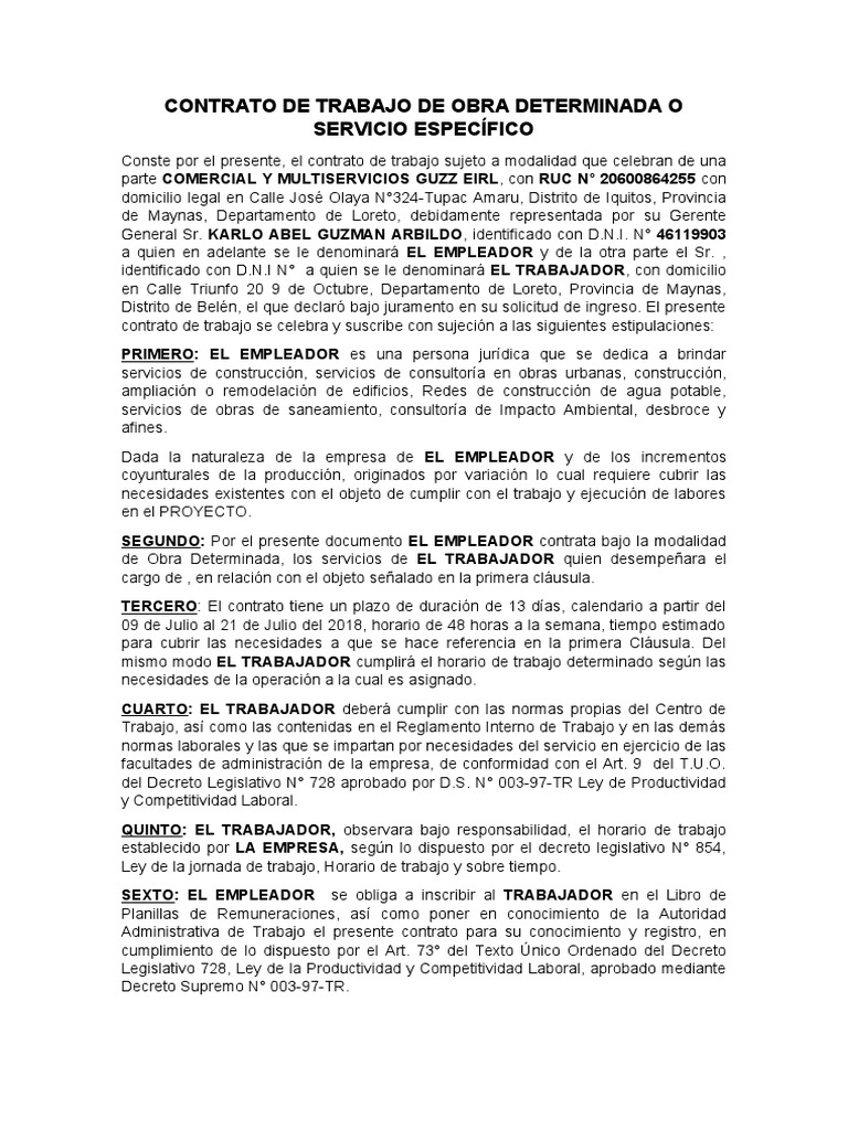 3contrato de Trabajo de Obra Determinada o Servicio Específico | PDF | Derecho laboral