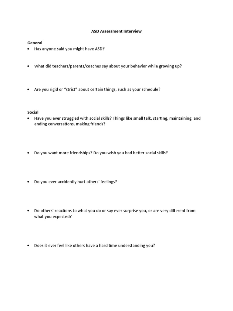 ASD Assessment Interview | PDF | Autism Spectrum | Friendship ASD Assessment Interview | PDF | Autism Spectrum | Friendship
