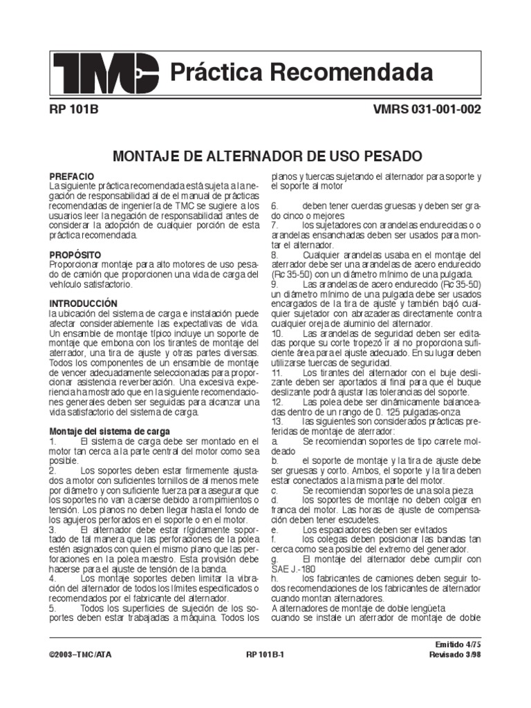 RP 101B Montaje de Alternador de Uso Pesado | PDF | Tornillo | Bienes manufacturados