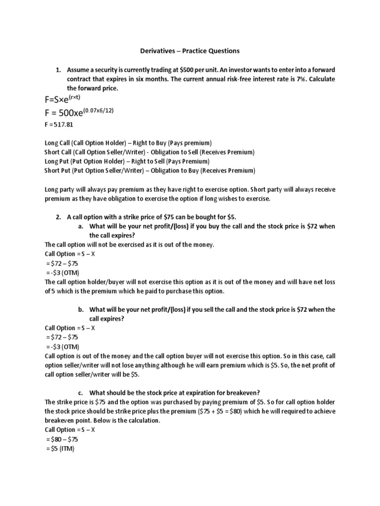 Derivatives Practice Questions Pdf Put Option Option Finance