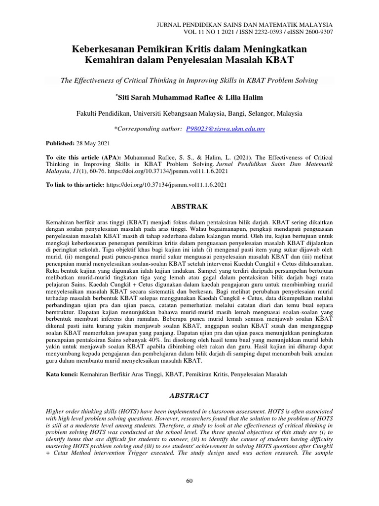 Keberkesanan Pemikiran Kritis Dalam Meningkatkan Kemahiran Dalam Penyelesaian Masalah KBAT | PDF