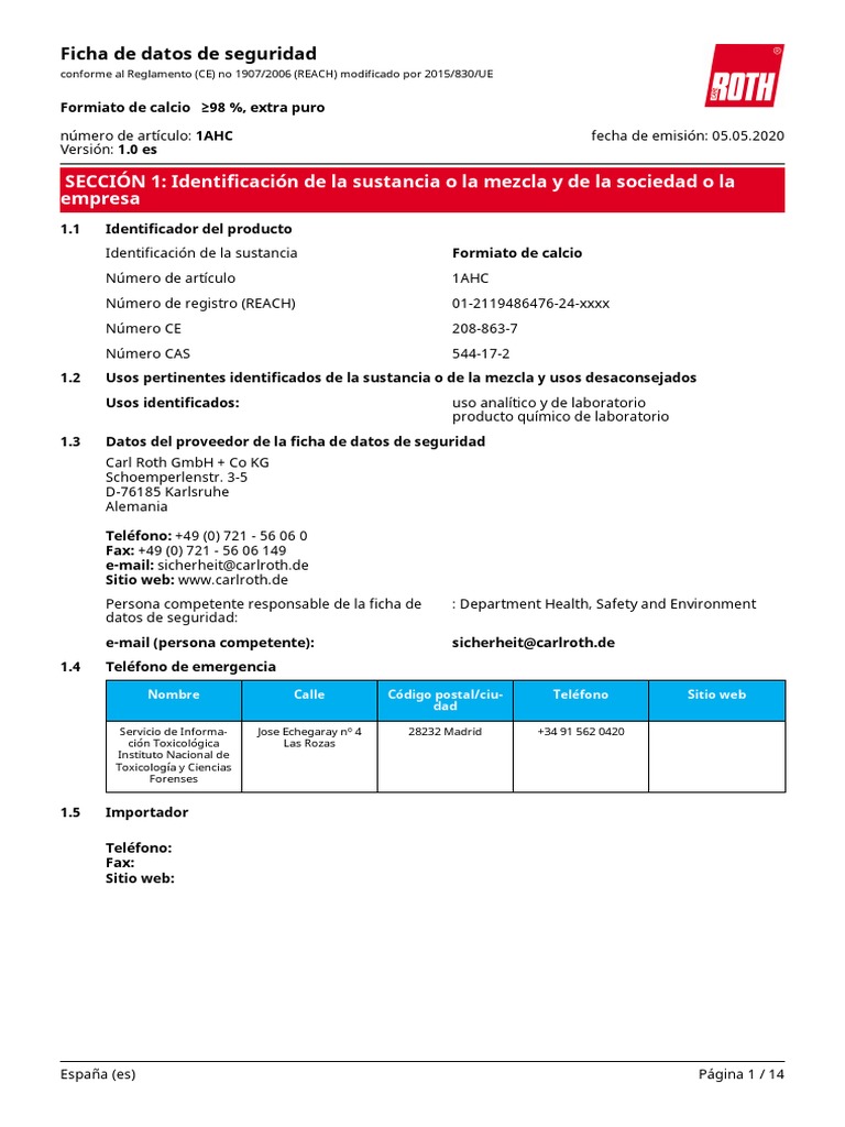 Formiato de Calcio Msds | PDF | Toxicidad | Agua