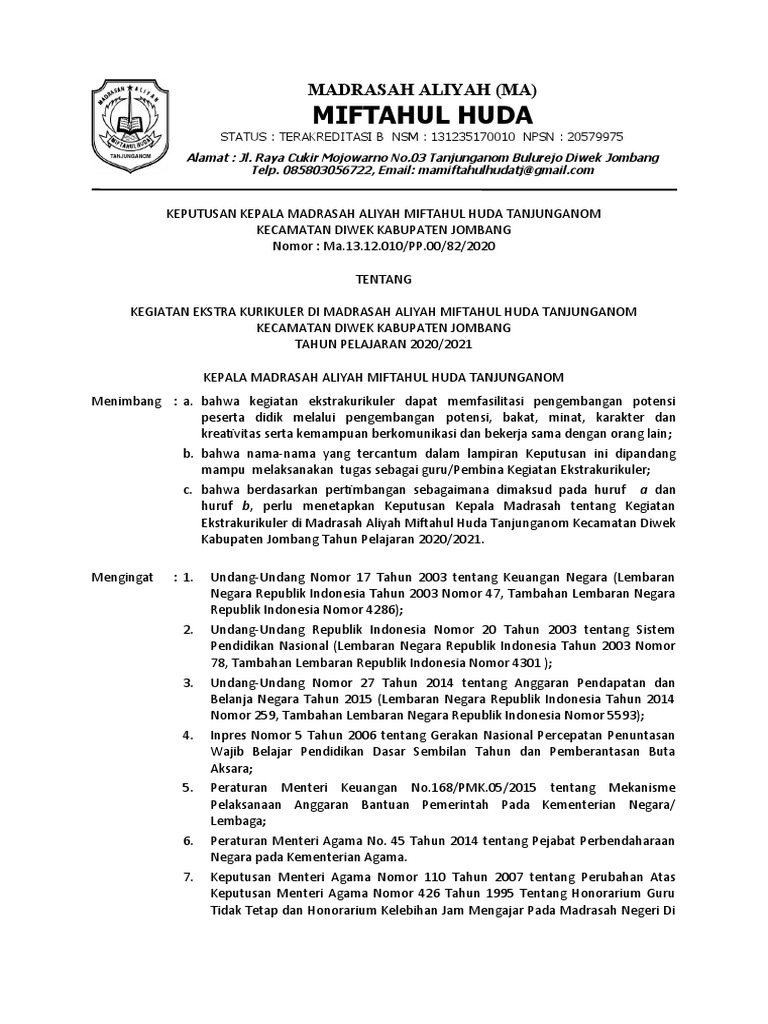 @ Contoh SK Kegiatan Ekstrakurikuler | PDF