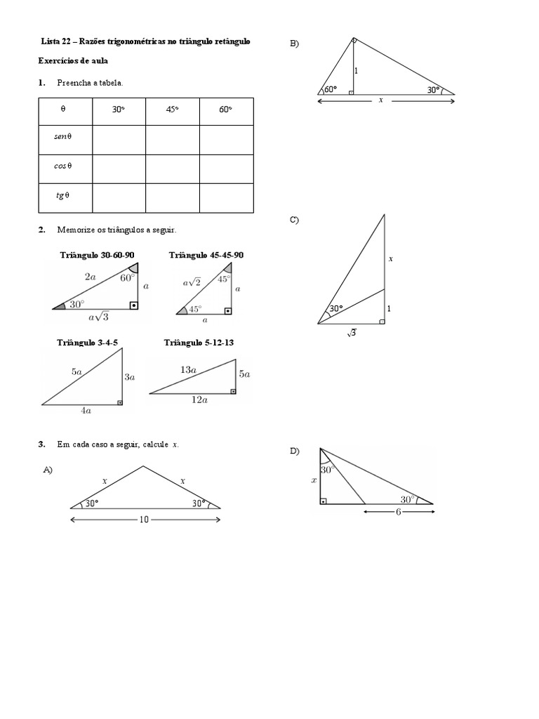 Razões trigonométricas no triângulo retângulo: Exercícios de ...