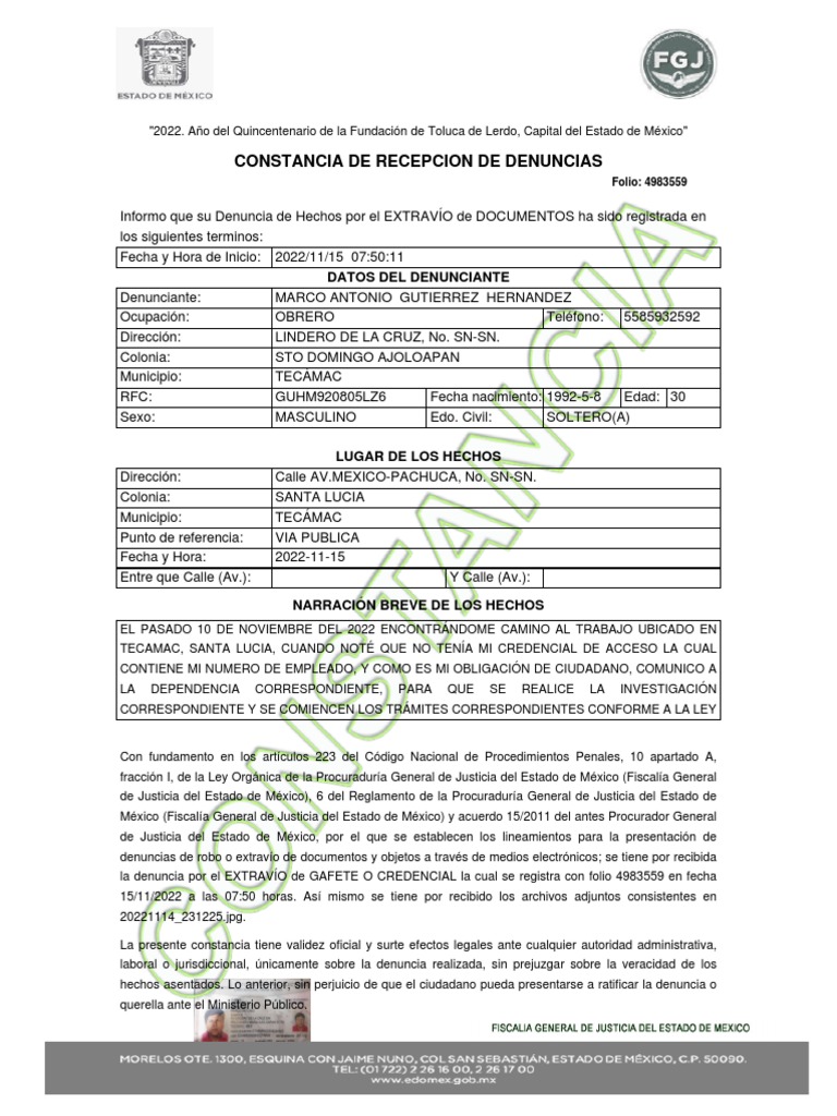 Constancia de Recepcion de Denuncias: Datos Del Denunciante | PDF | México | Gobierno