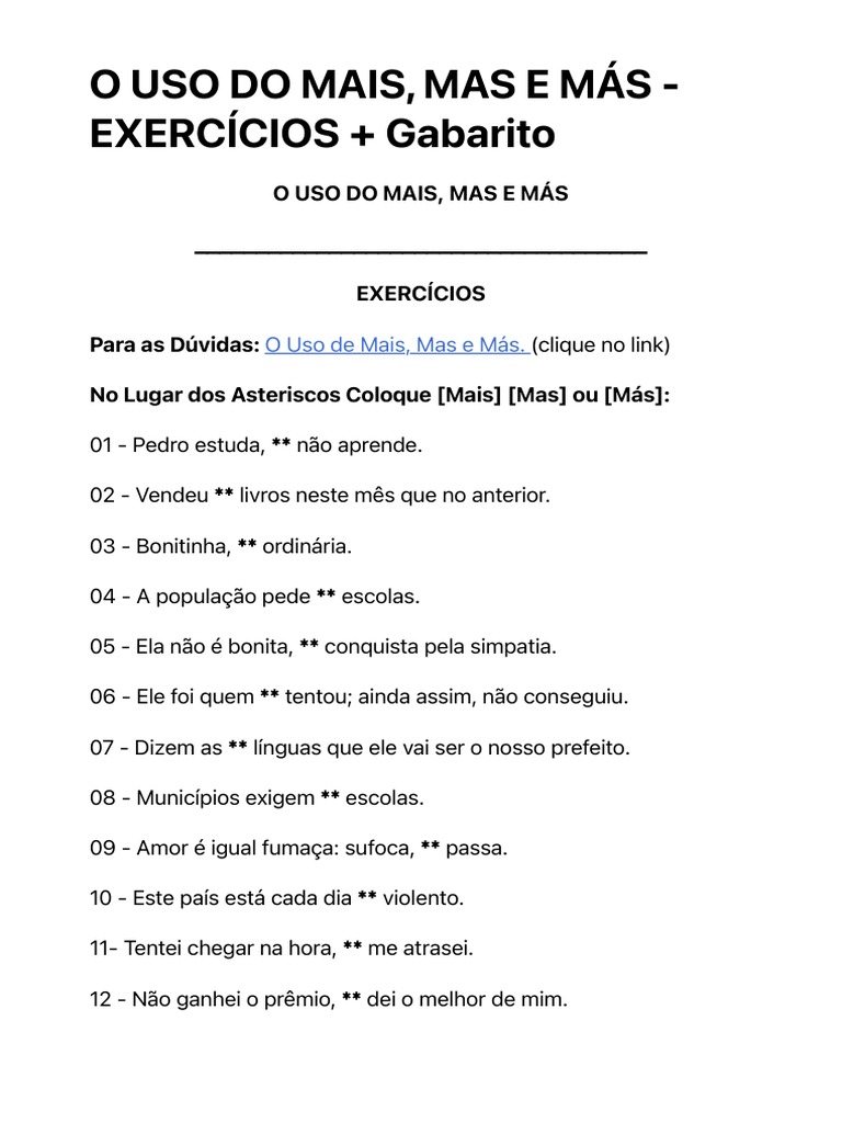 o Uso Do Mais, Mas e Más - Exercícios + Gabarito | PDF | Amor