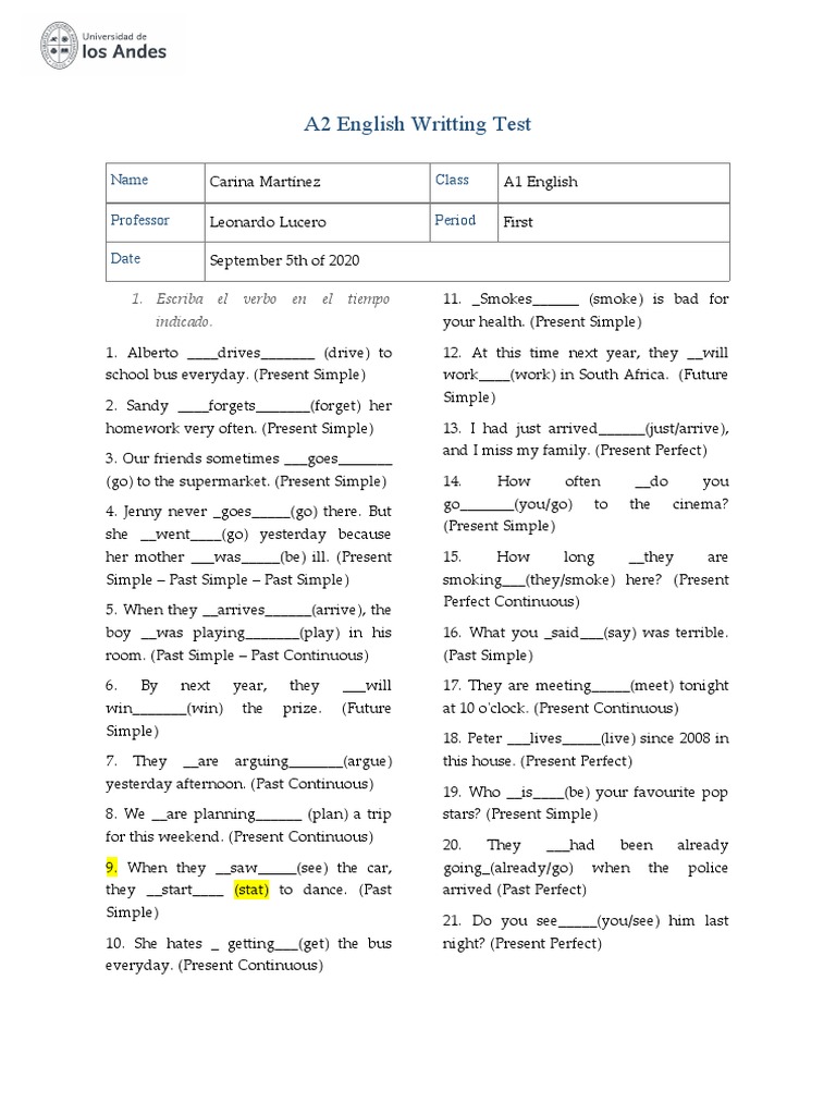 A2 English Writting Test | PDF