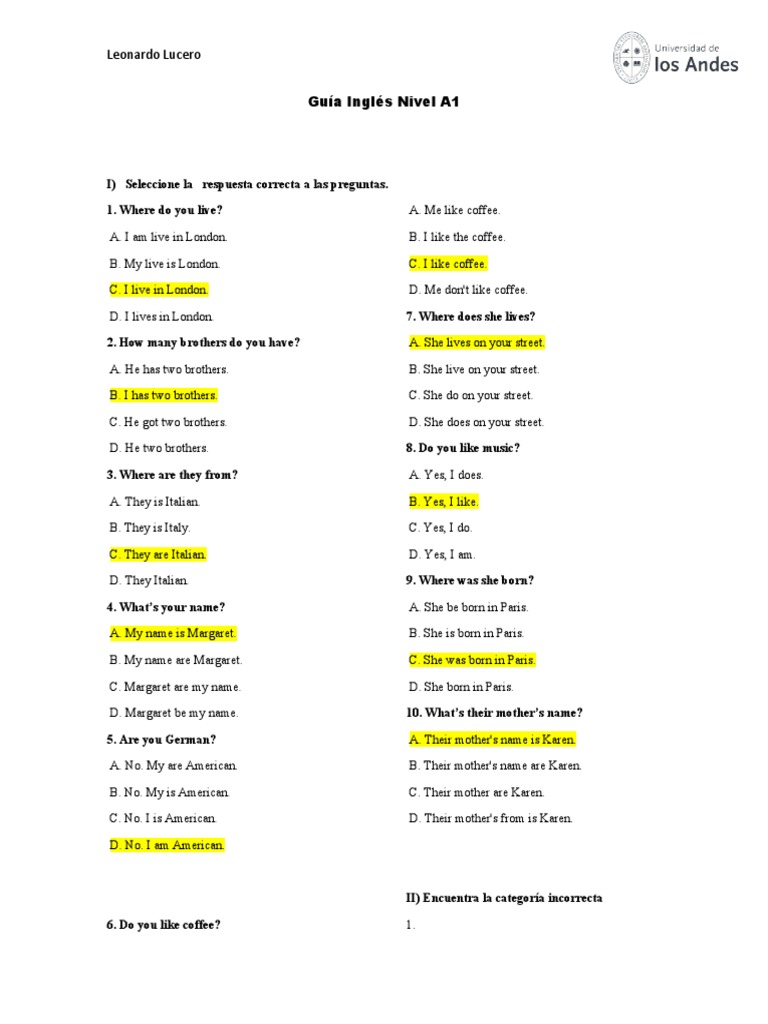 Guía Inglés Nivel A1 | PDF | Language Arts & Discipline