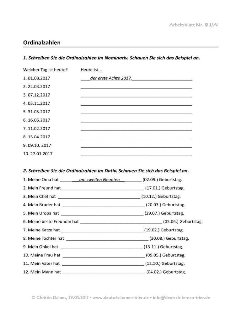 A1 - Ordinalzahlen - Unterrichtsmaterial Im Fach DaZ - DaF | PDF