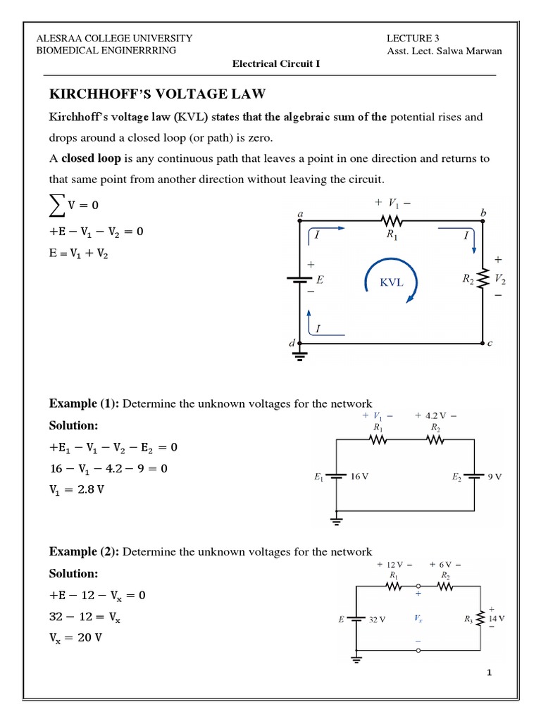 Kirchhoff'S Voltage Law: Example (1) : Determine The Unknown Voltages For The Network Solution ...