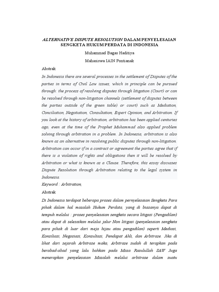 Alternative Dispute Resolution Dalam Penyelesaian Sengketa Hukum Perdata Di Indonesia | PDF