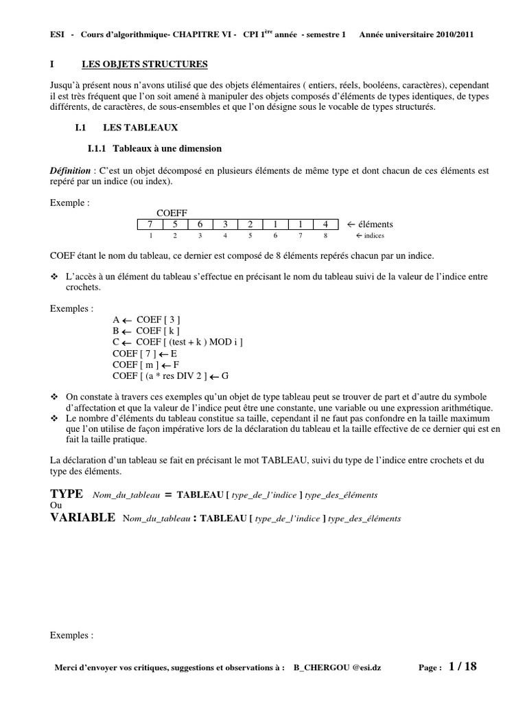 Les Objets Structures | PDF | Tableau (structure de données) | Programmation informatique