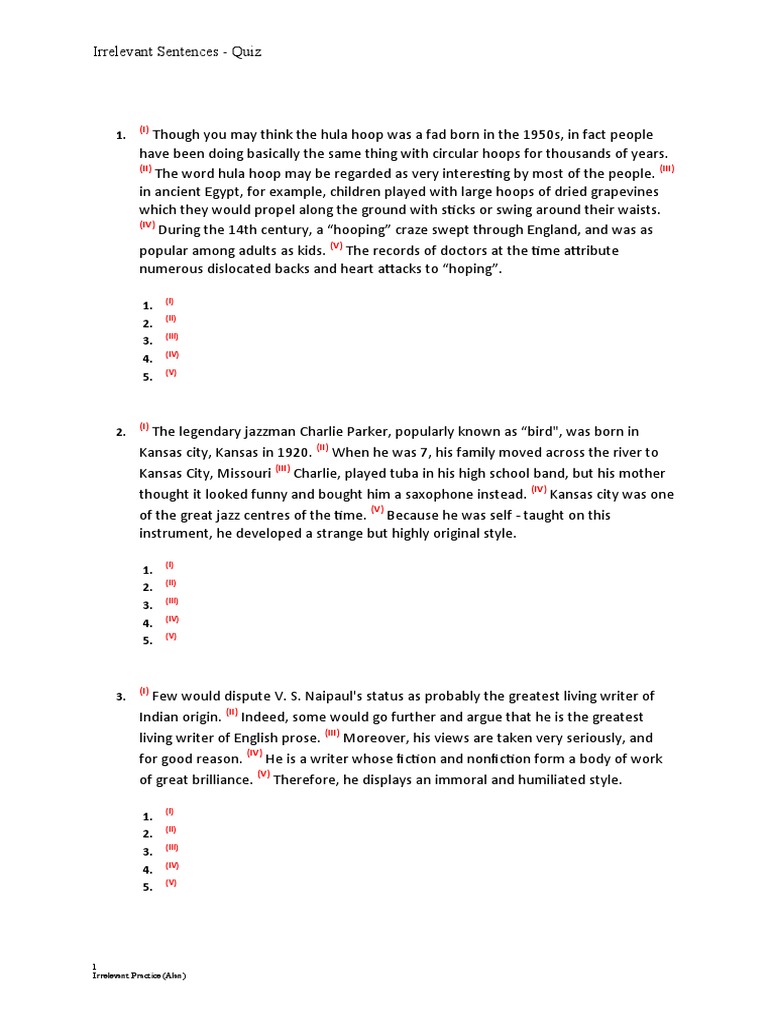 Irrelevant Sentences Advanced Level Test Pdf