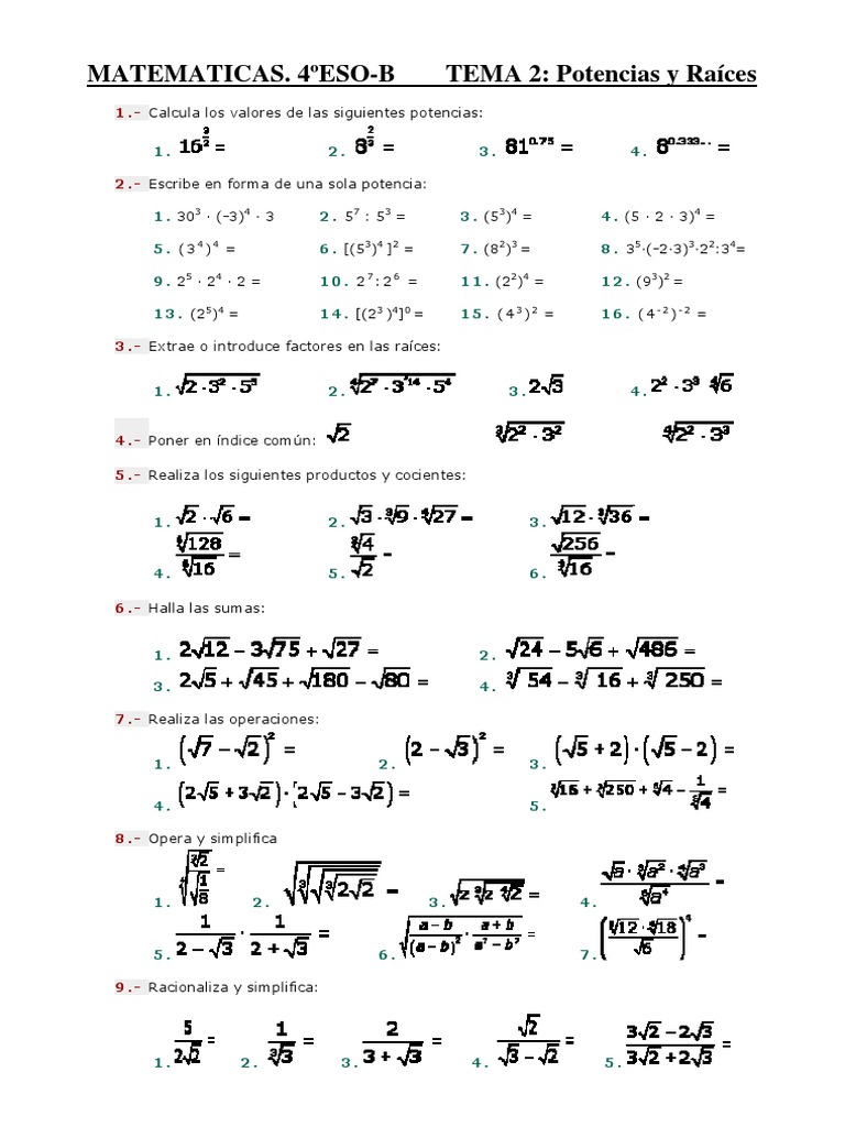 Tema 02 - Potencias y Raices - Examen | PDF