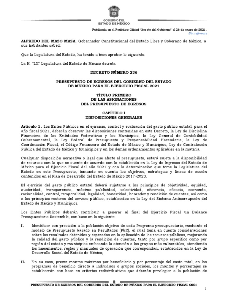 Presupuesto Egresos Edomex 2021 | PDF | Presupuesto | México