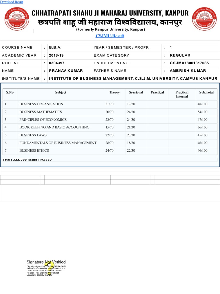 Pranav Result Bba 1st Sem | PDF