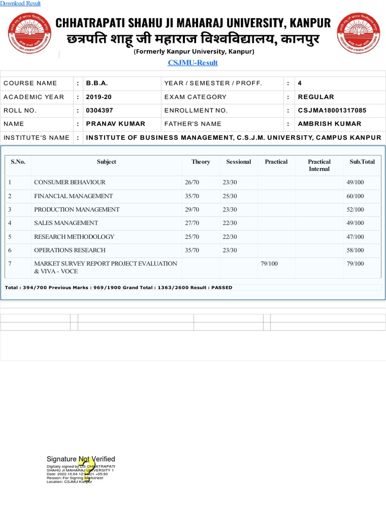 Pranav Result Bba 4th Sem | PDF