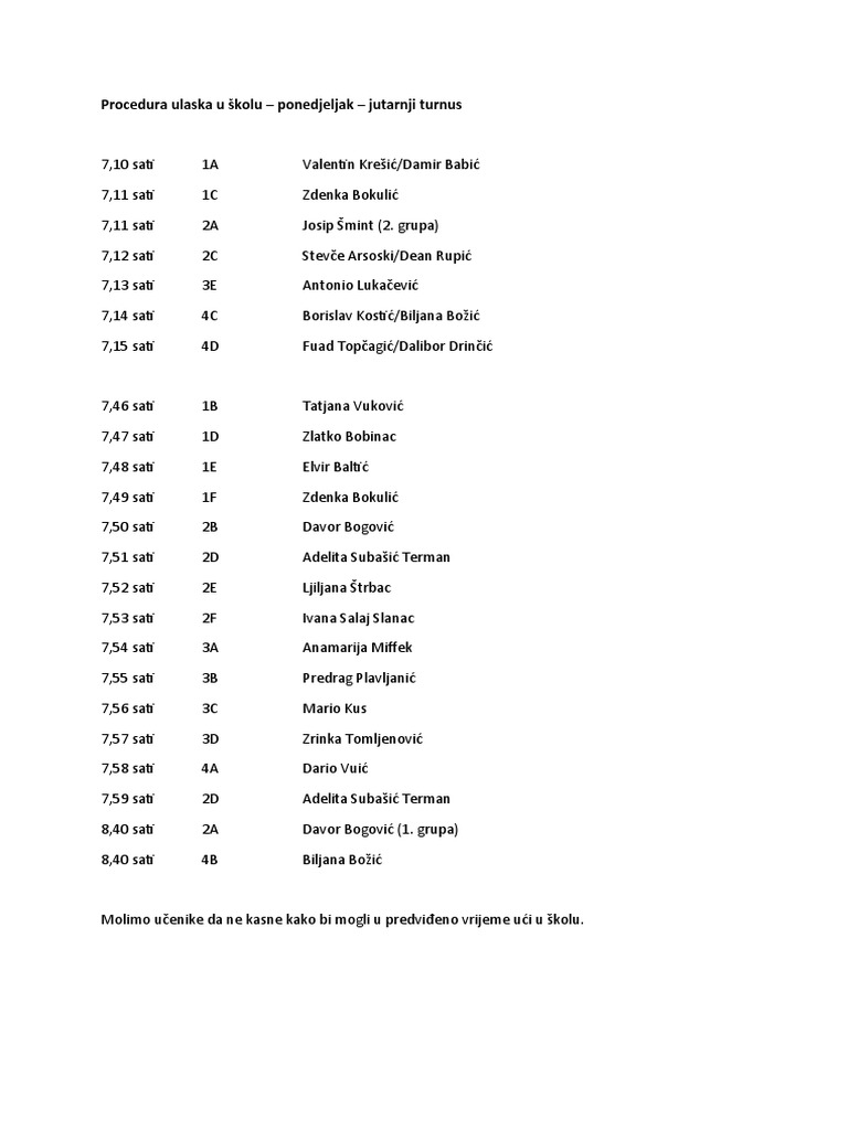 Procedura Ulaska U Skolu Jutarnji Turnus | PDF