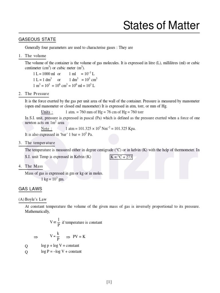States of Matter: Key Formulas and Laws | PDF | Gases | Pressure