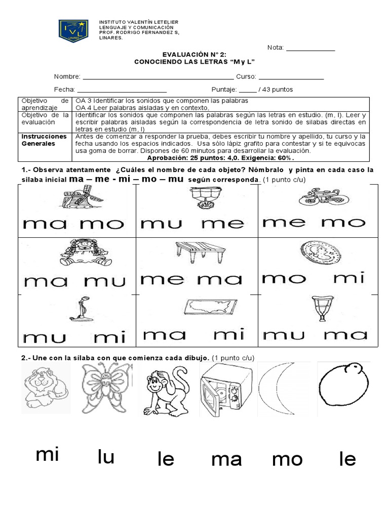 Evaluación de Letras M y L para Primero Básico | PDF | Cognición ...