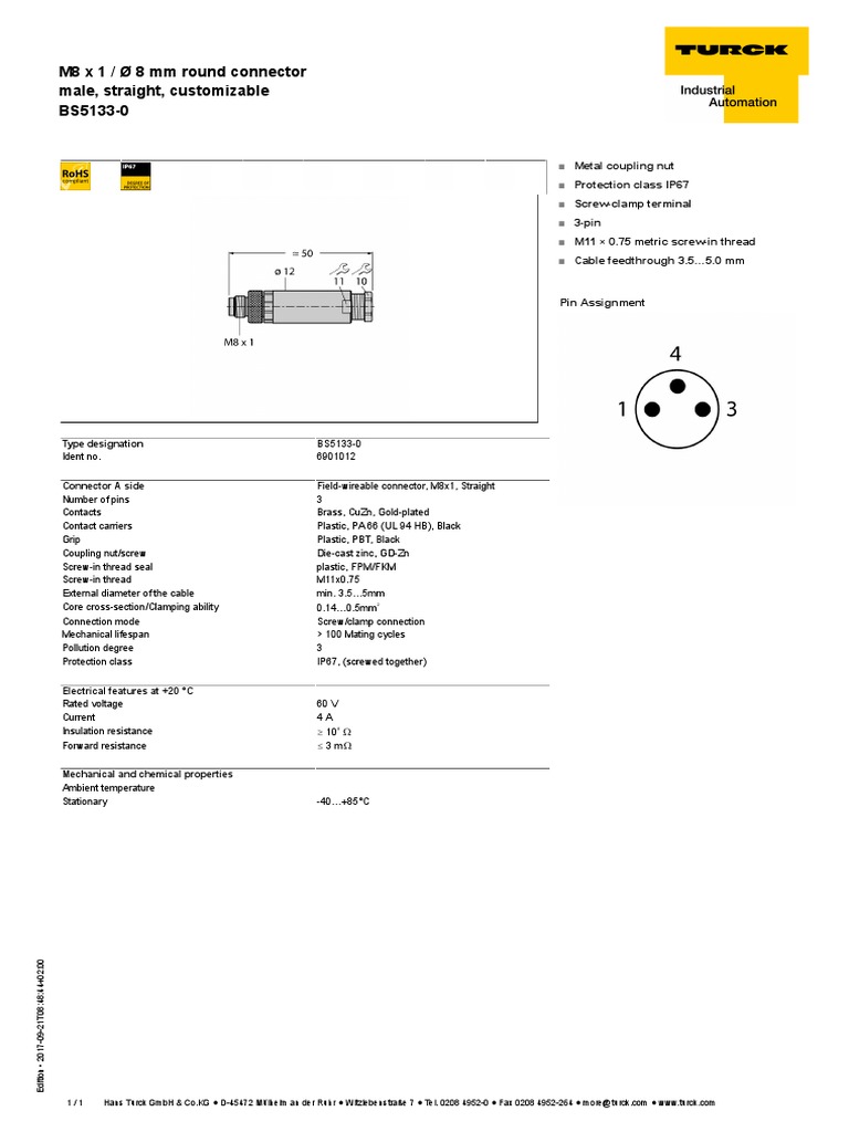 Turck Round Conector Bs5133-0 | PDF | Electrical Connector | Screw