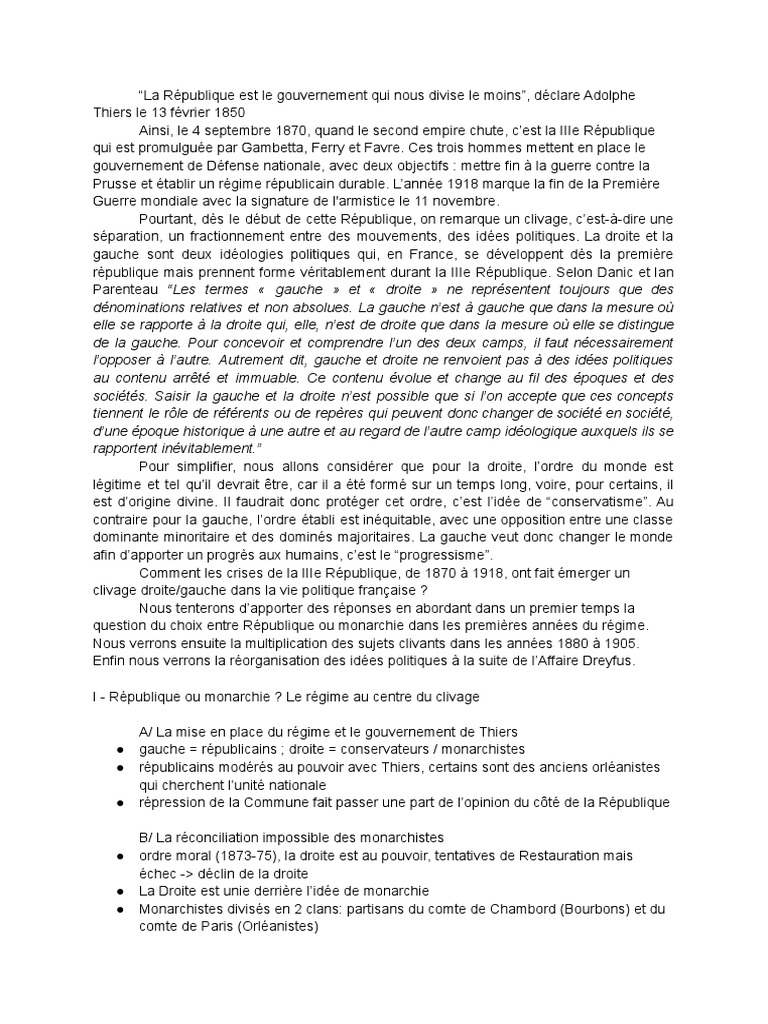 Le Clivage Droite-Gauche Sous La Troisième République, de 1870 À 1918 ...