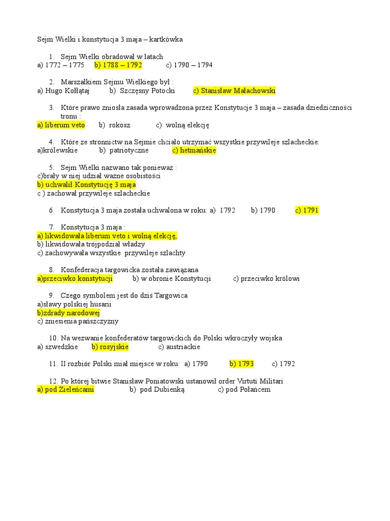 Kartkówka Sejm Wielki I II Rozbiór Polski | PDF