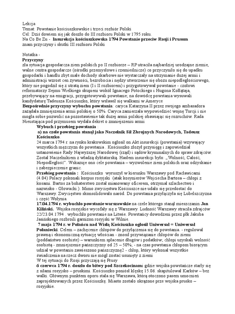 Powstanie Kościuszkowskie I III Rozbiór Polski. | PDF