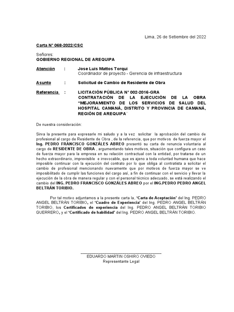 CARTA de PRESENTACION - Solicitud de Cambio de Residente de Obra | PDF CARTA de PRESENTACION - Solicitud de Cambio de Residente de Obra | PDF