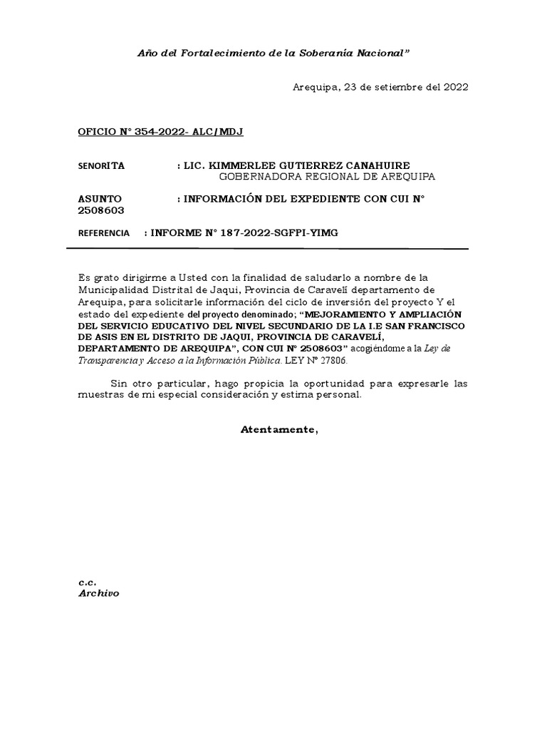 Oficio - Solicitud Información Del Expediente Con Cui N° | PDF