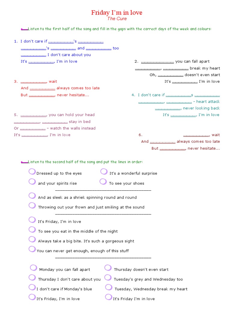 Analysis of Song Lyrics: "Friday I'm In Love | PDF