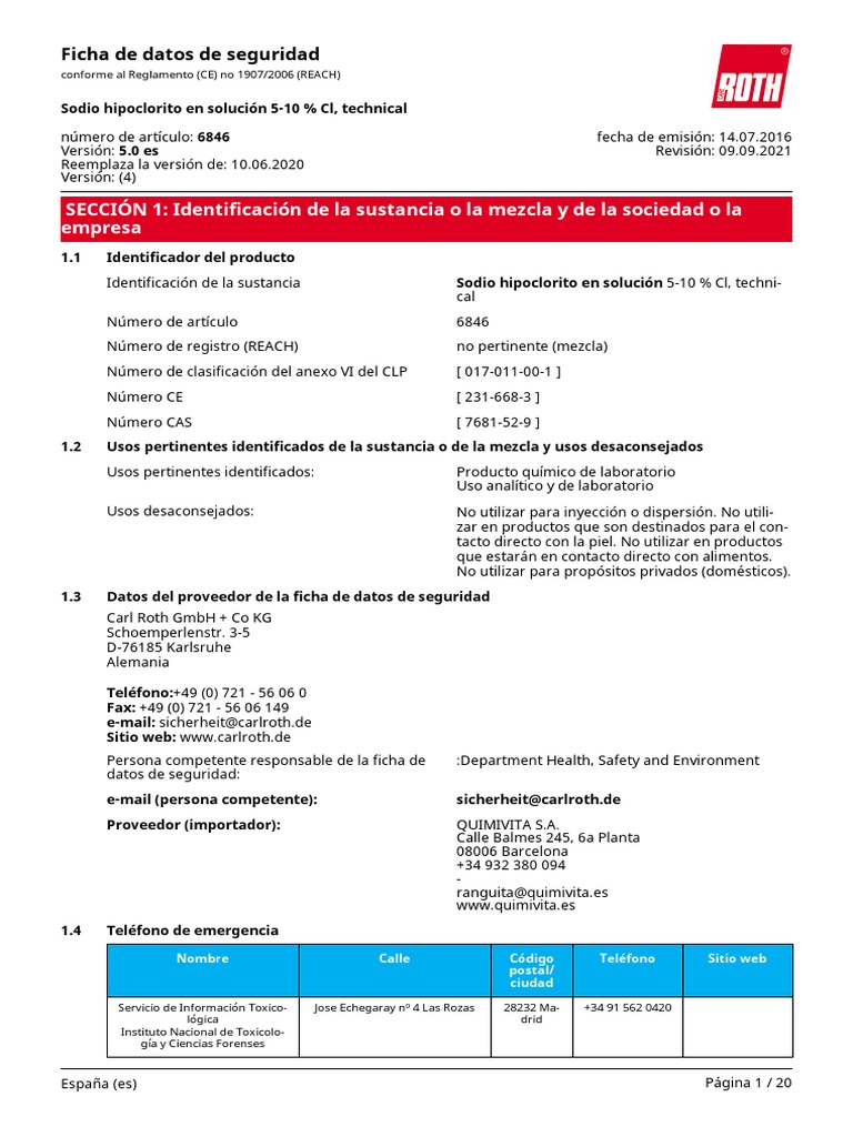 Ficha Tecnica y Hoja de Seguridad Hipoclorito de Sodio.. | PDF | Cloro | Toxicidad