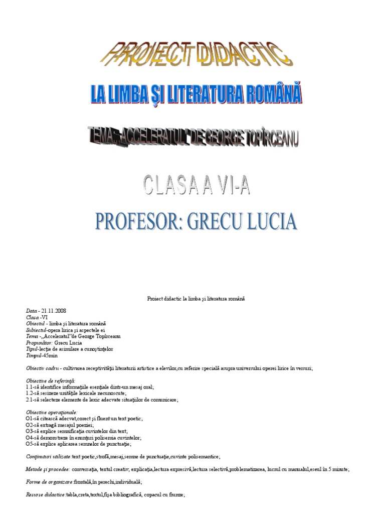Proiect Didactic La Limba Iliteratura Romana | PDF