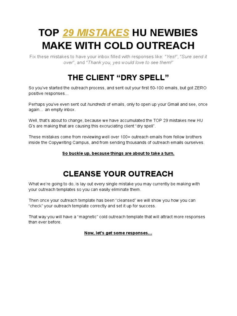 Top 29 Mistakes Hu Newbies Make With Cold Outreach (v1.0) | PDF ... Top 29 Mistakes Hu Newbies Make With Cold Outreach (v1.0) | PDF ...
