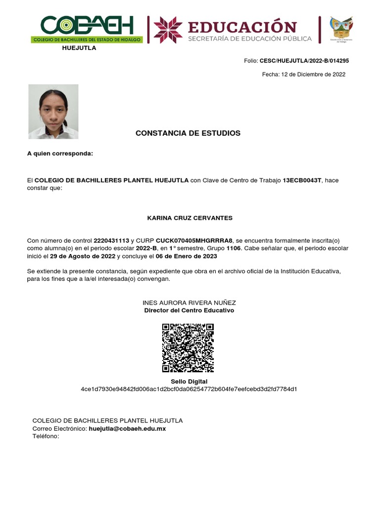 Constancia De Estudios Karina Cruz Cervantes Colegio De Bachilleres