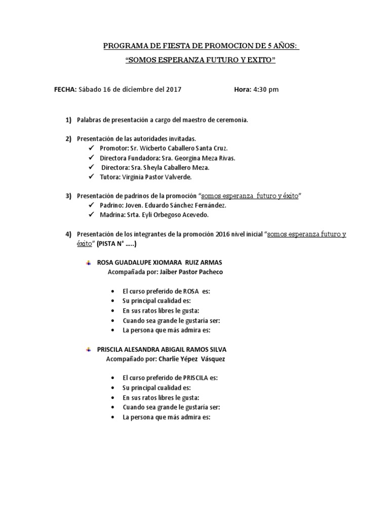 Programa de Fiesta de Promocion de 5 Años | PDF