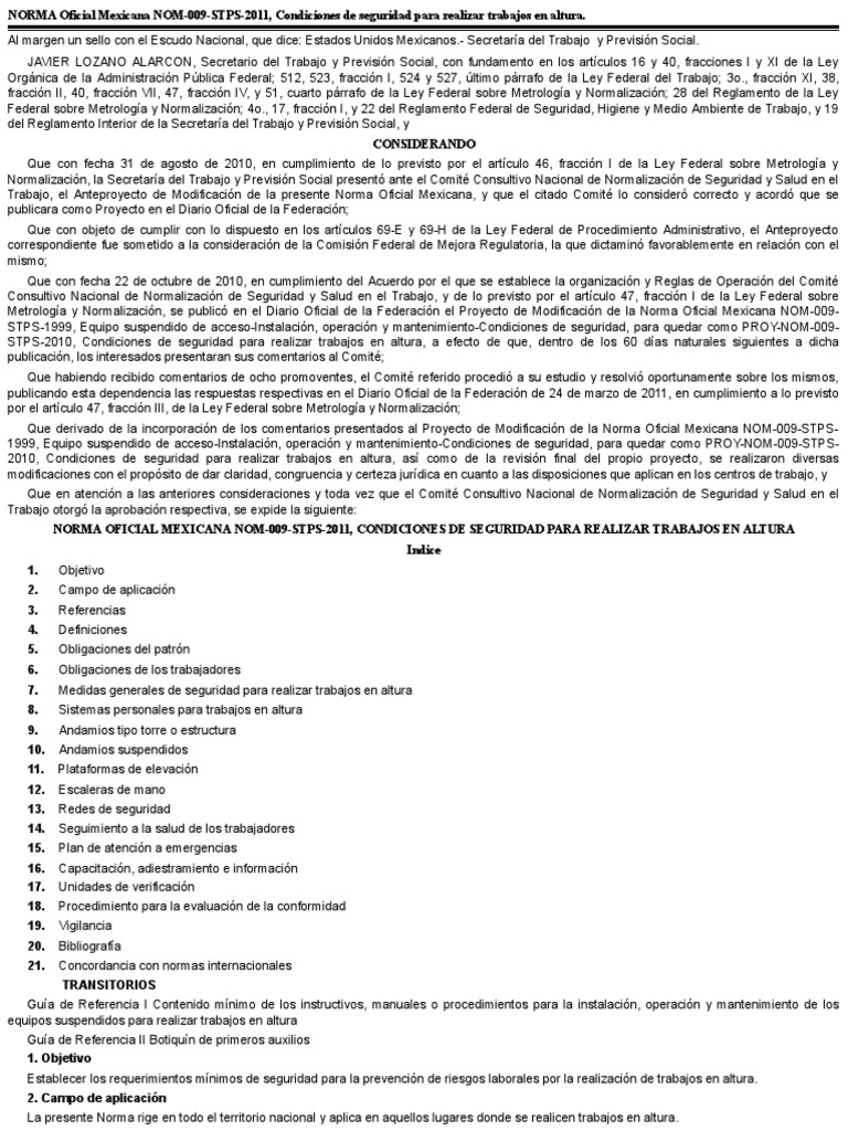 NOM-009-STPS-2011 Condiciones de Seguridad para Trabajos en Altura | PDF