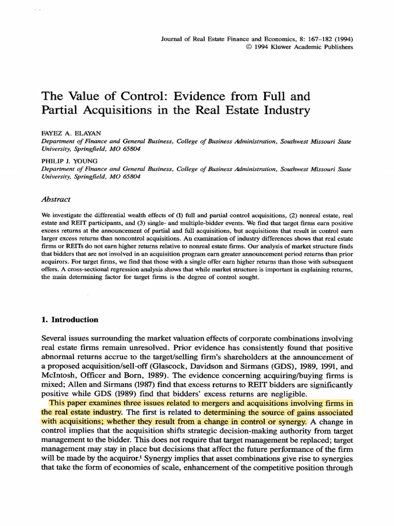 The Value of Control: Examining the Differential Wealth Effects of Full and Partial Acquisitions ...