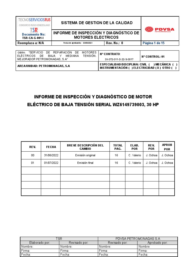 Reporte de Inspección y Diagnostico de Motor Serial WZ6149739003 | PDF | voltaje | Tolerancia de ...