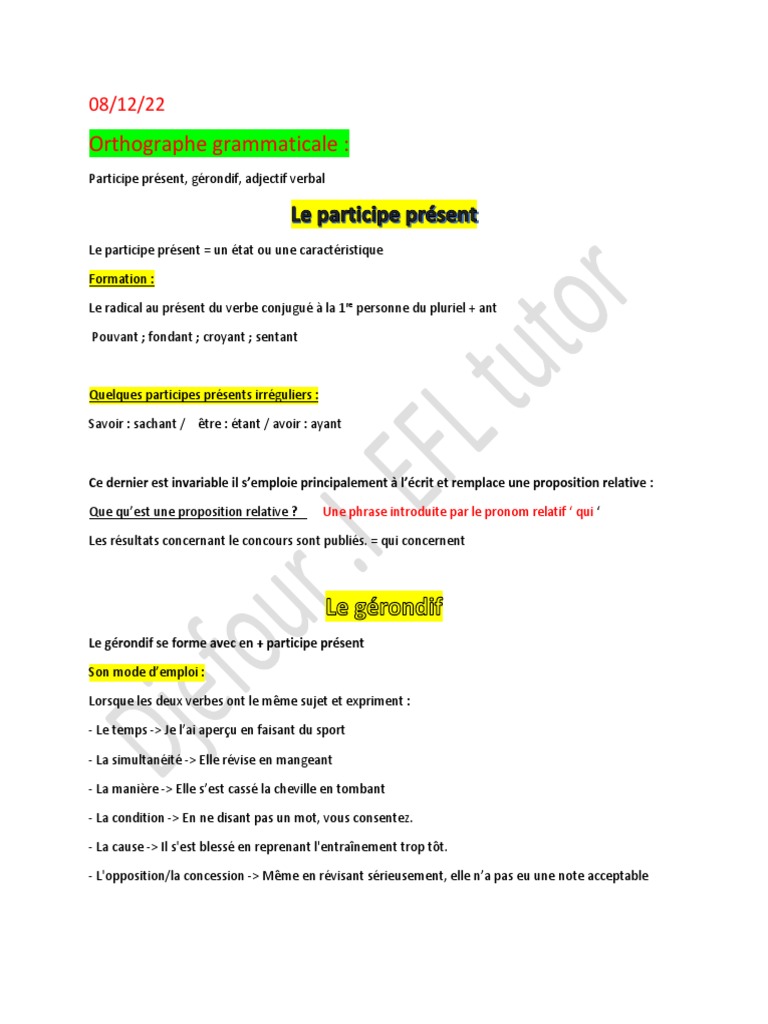 Participe Présent - Adjectif Verbal - Gerondif Cours | PDF