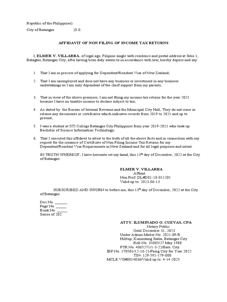 Affidavit of Non Filing of Income Tax Returns | PDF | Affidavit ...