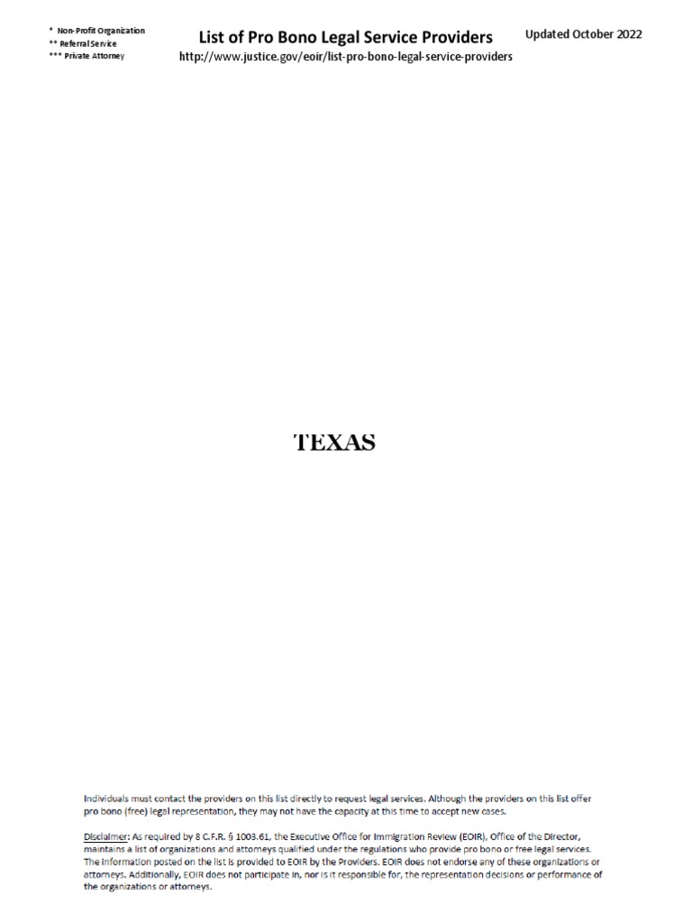 Texas: List of Pro Bono Legal Service Providers | PDF | Immigration ...