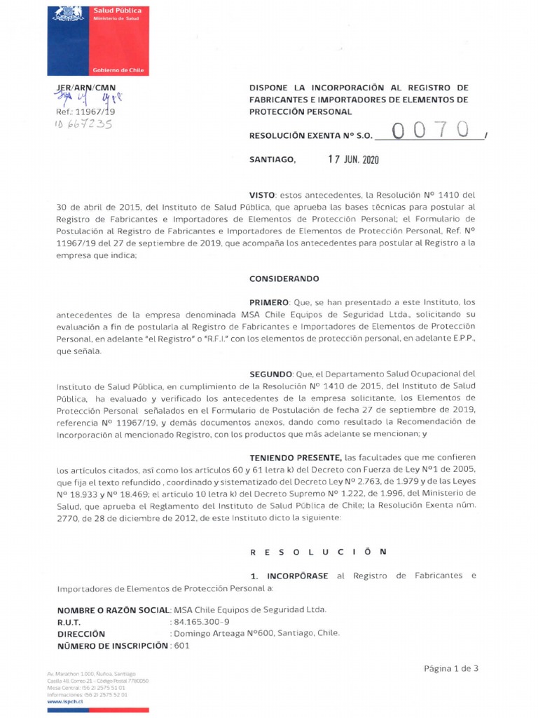 Res Exenta 0070 - Arnes 278341 MSA | PDF