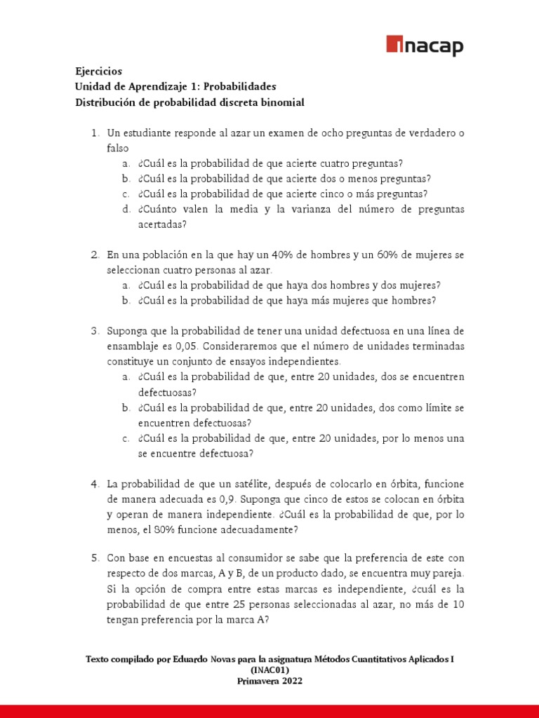 Ejercicios de Distribución de Probabilidad Discreta Binomial-1 | PDF | Probabilidad