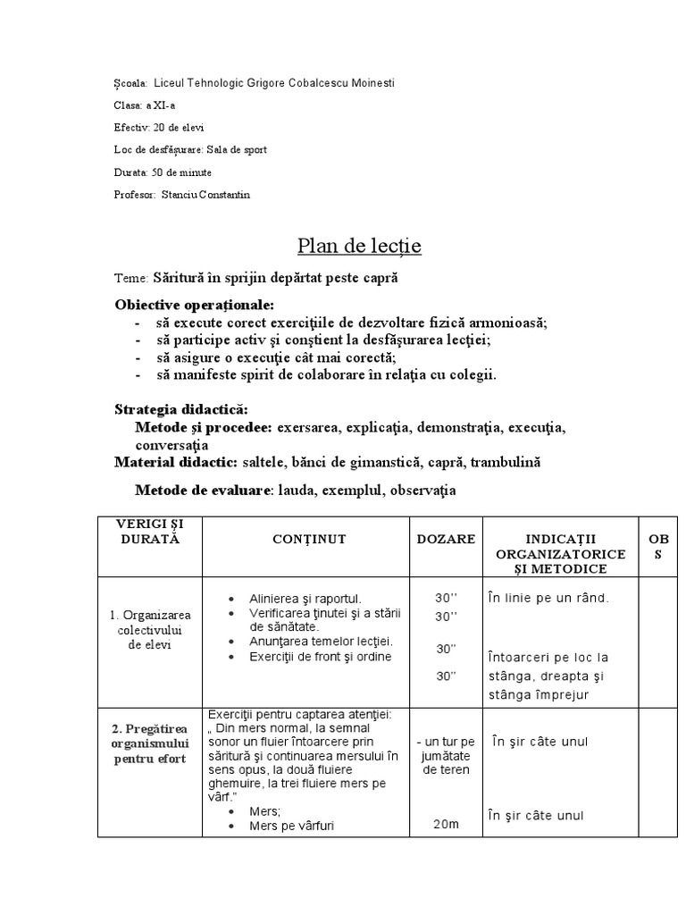 Plan de Lectie Clasa A XI-A | PDF