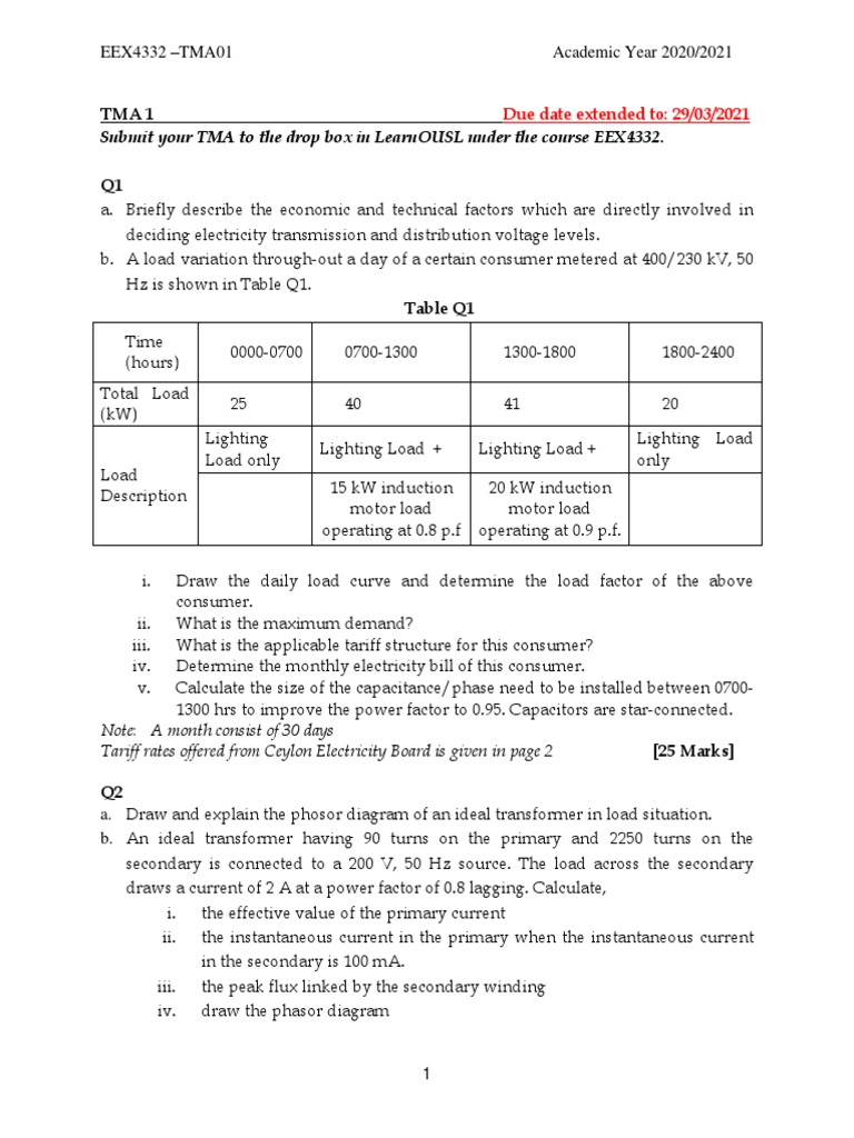 Tma1-Eex4332 - 2021 | Download Free PDF | Transformer | Power (Physics)