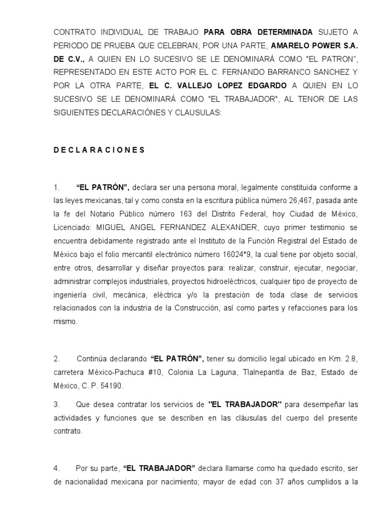 Contrato Indvdual de Trabajo Por Obra Determinada | PDF | Seguro | Salario