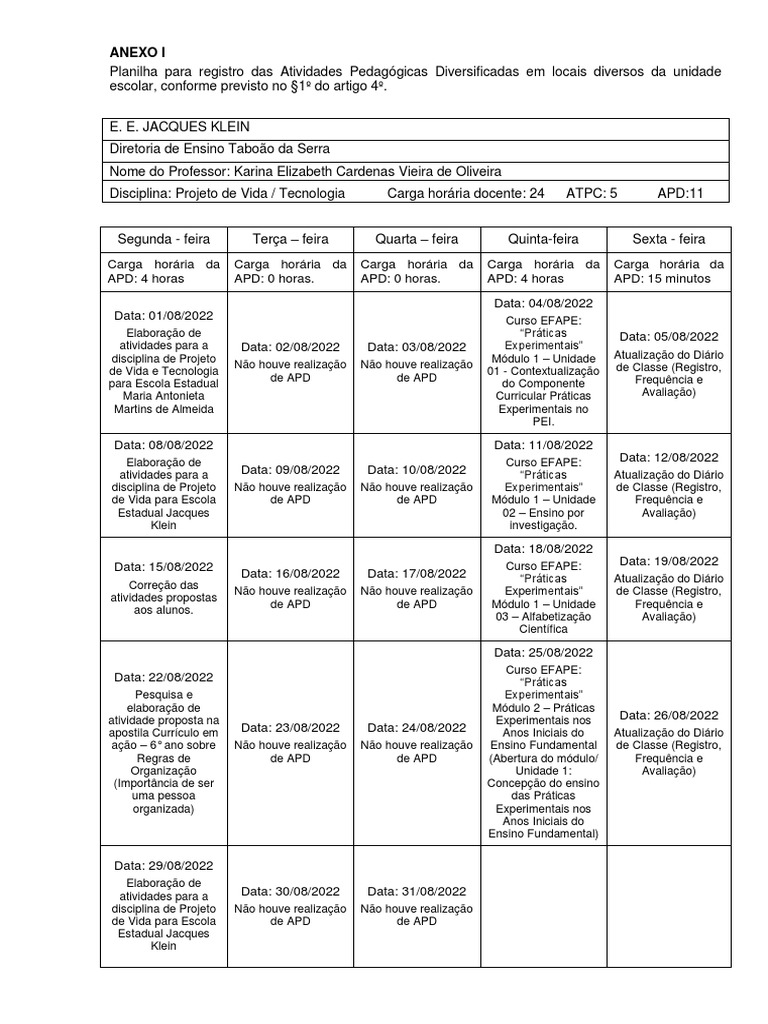 Planilha APD - Karina Elizabeth Cardenas Vieira de Oliveira - AGOSTO | PDF