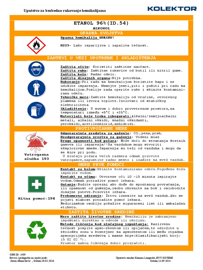 Uputstvo Za Siguran Rad Sa Hemikalijama ETANOL | PDF